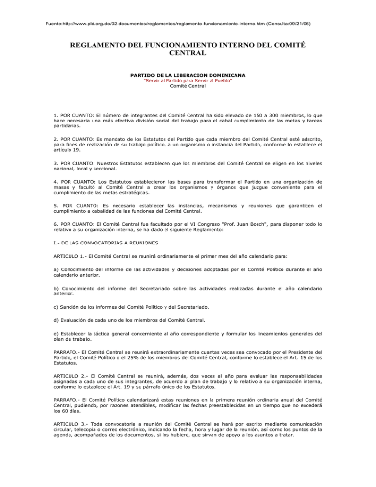 reglamento del funcionamiento interno del comit central