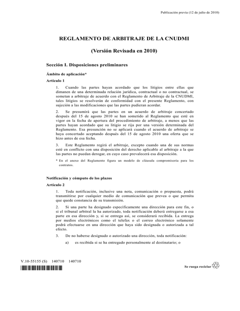 REGLAMENTO DE ARBITRAJE DE LA CNUDMI