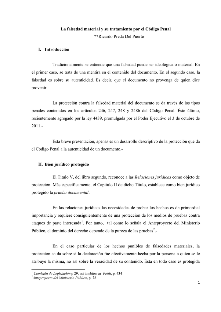 La falsedad material y su tratamiento por el Código Penal **Ricardo