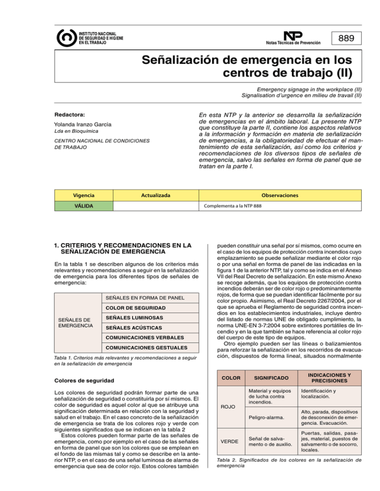 NTP 889: Señalización de emergencia en los centros de trabajo (II).