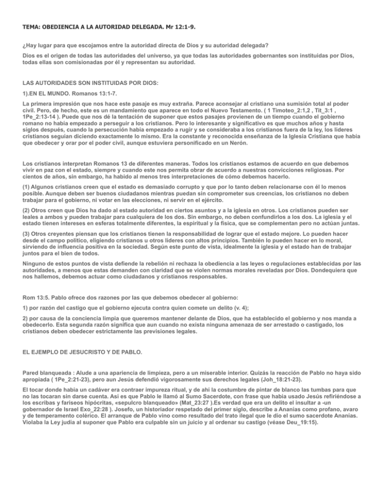 TEMA: OBEDIENCIA A LA AUTORIDAD DELEGADA. Mr 12:1 TEMA: OBEDIENCIA A LA AUTORIDAD DELEGADA. Mr 12:1