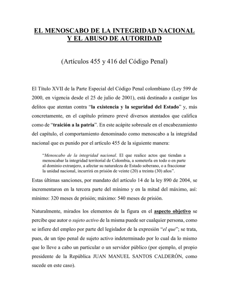 EL MENOSCABO DE LA INTEGRIDAD NACIONAL Y EL ABUSO DE