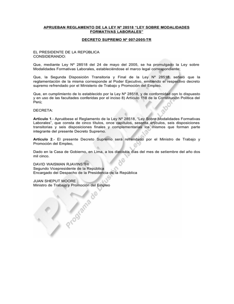 Aprueban Reglamento De La Ley Nº 28518 “ley Sobre Modalidades