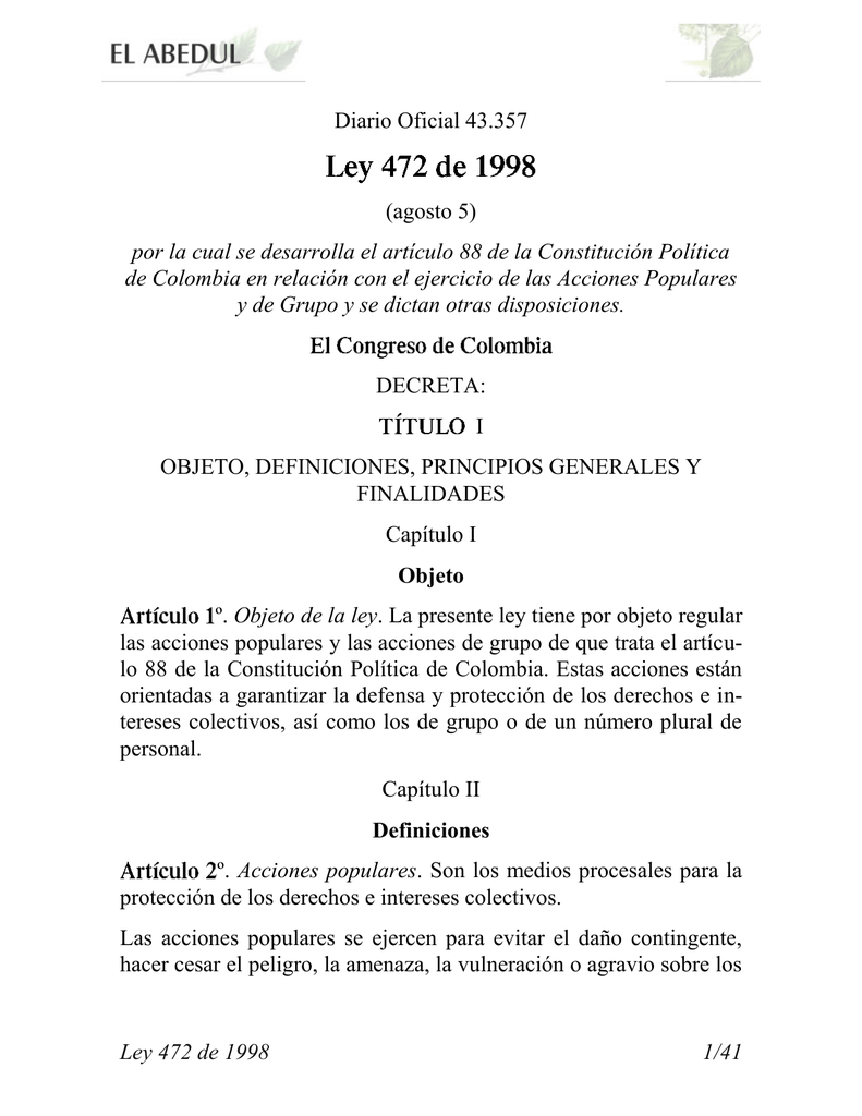 Ley 472 de 1998 - Acciones Populares y de Grupo
