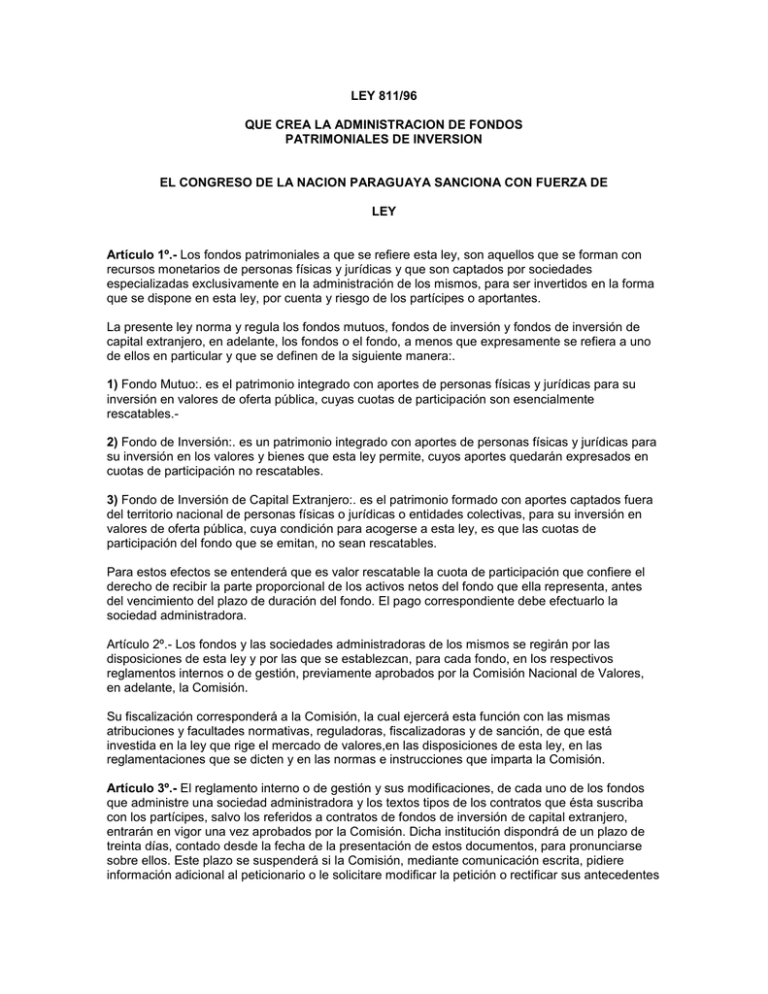 LEY 811/96 QUE CREA LA ADMINISTRACION DE FONDOS
