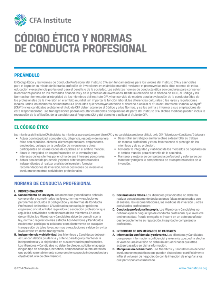 Código ÉtiCo y Normas de CoNduCta ProfesioNal