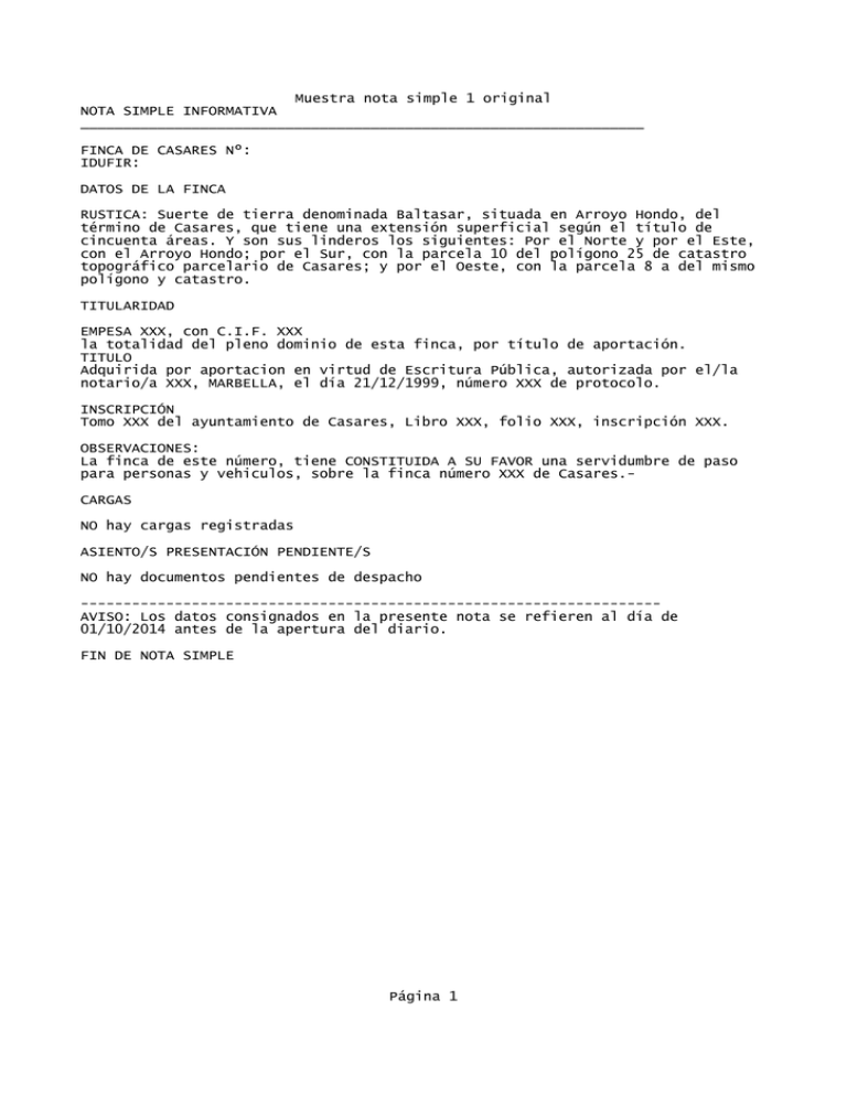 Muestra nota simple 1 original NOTA SIMPLE INFORMATIVA FINCA