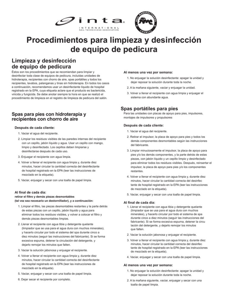 Procedimientos para limpieza y desinfección de equipo de pedicura