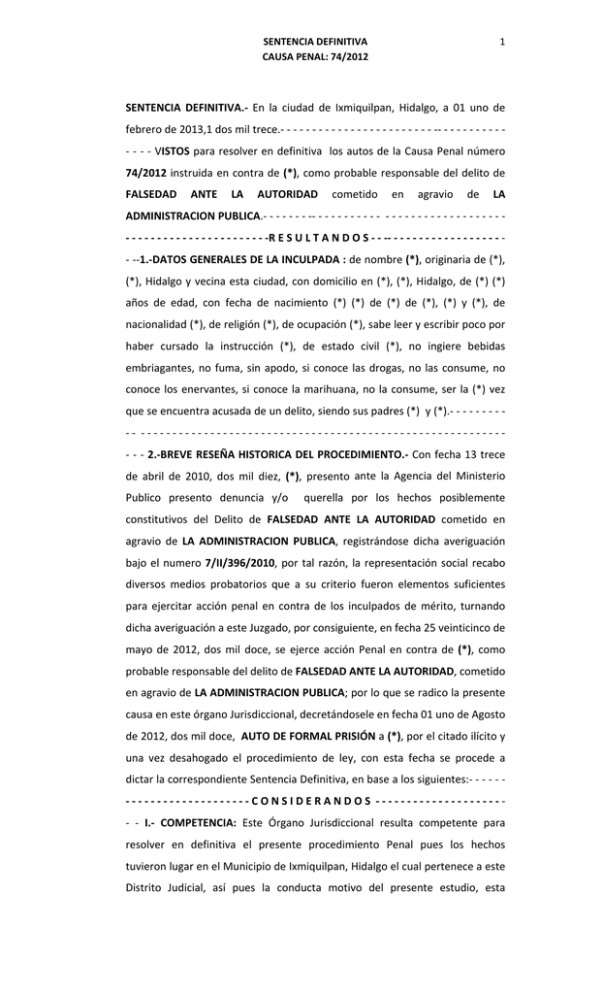SENTENCIA DEFINITIVA. - Poder Judicial del Estado de Hidalgo