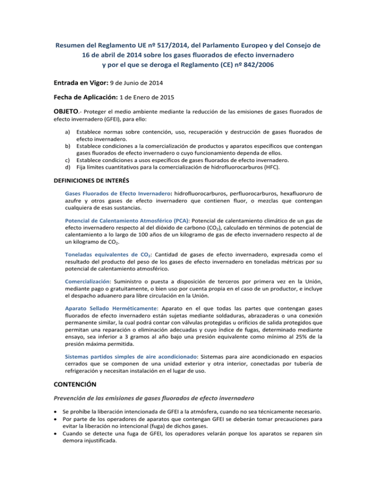 RESUMEN del Reglamento 517/2014