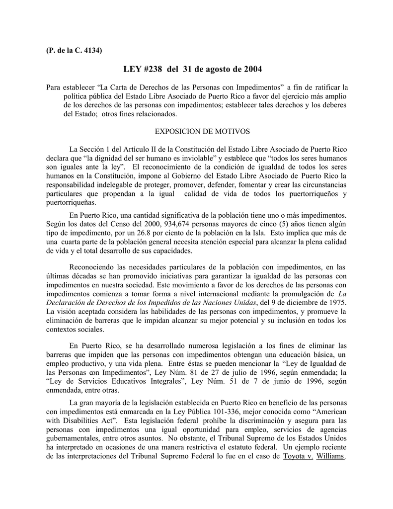 Ley #238 - Oficina del Procurador de las Personas con Impedimentos