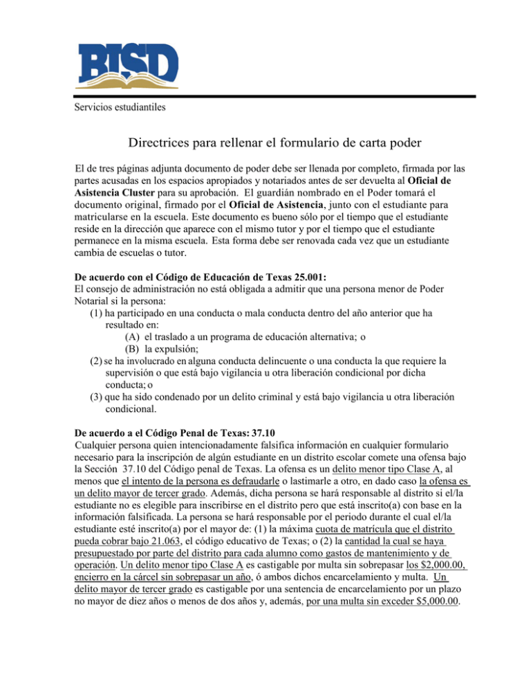 Directrices para rellenar el formulario de carta poder