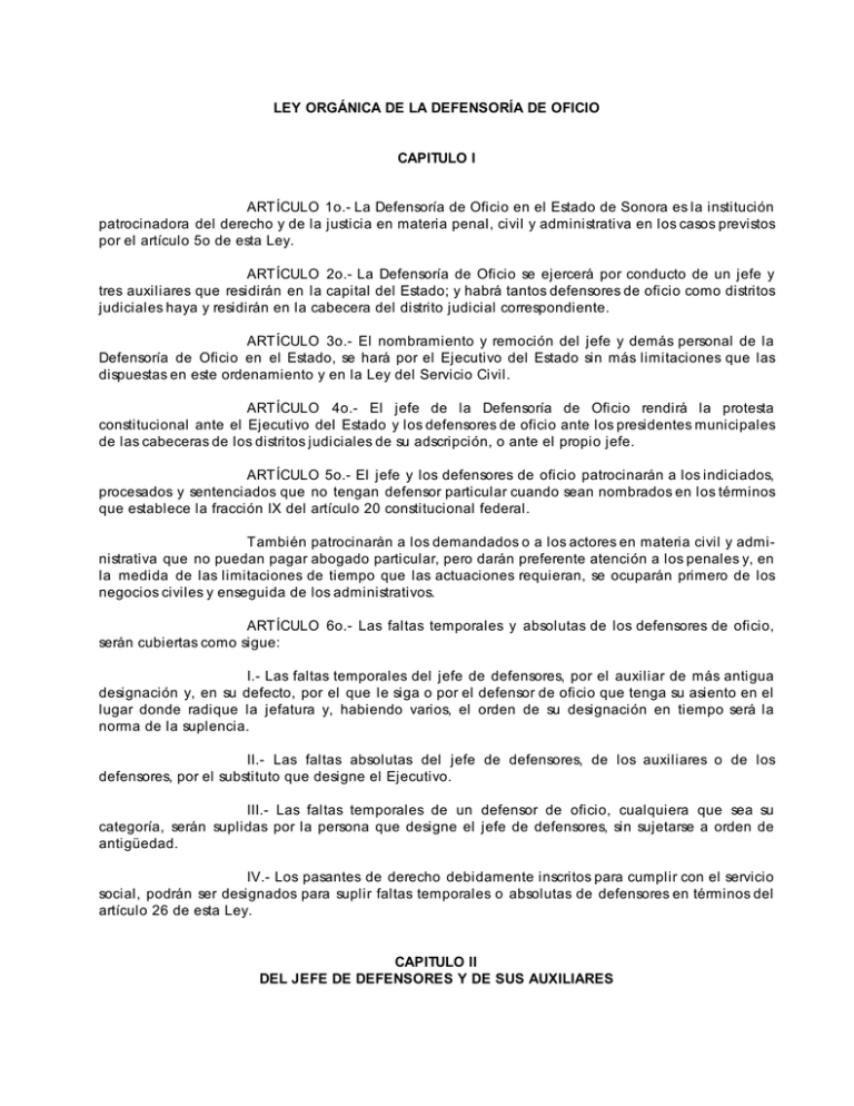 LEY ORGÁNICA DE LA DEFENSORÍA DE OFICIO CAPITULO I