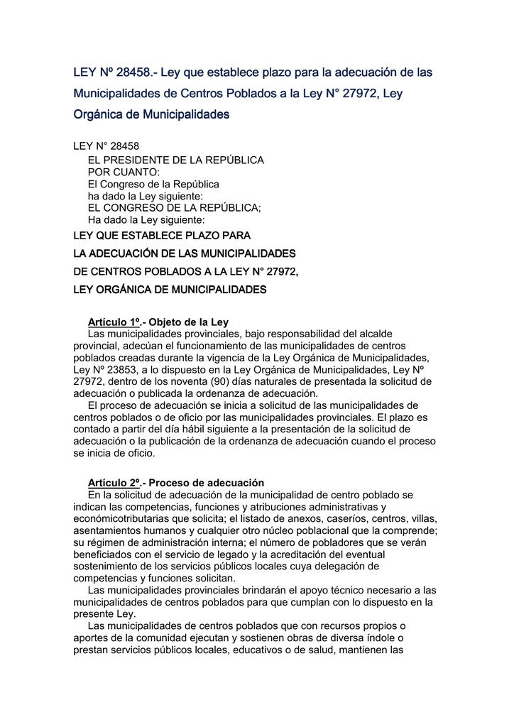 LEY Nº 28458.- Ley que establece plazo para la adecuación de las