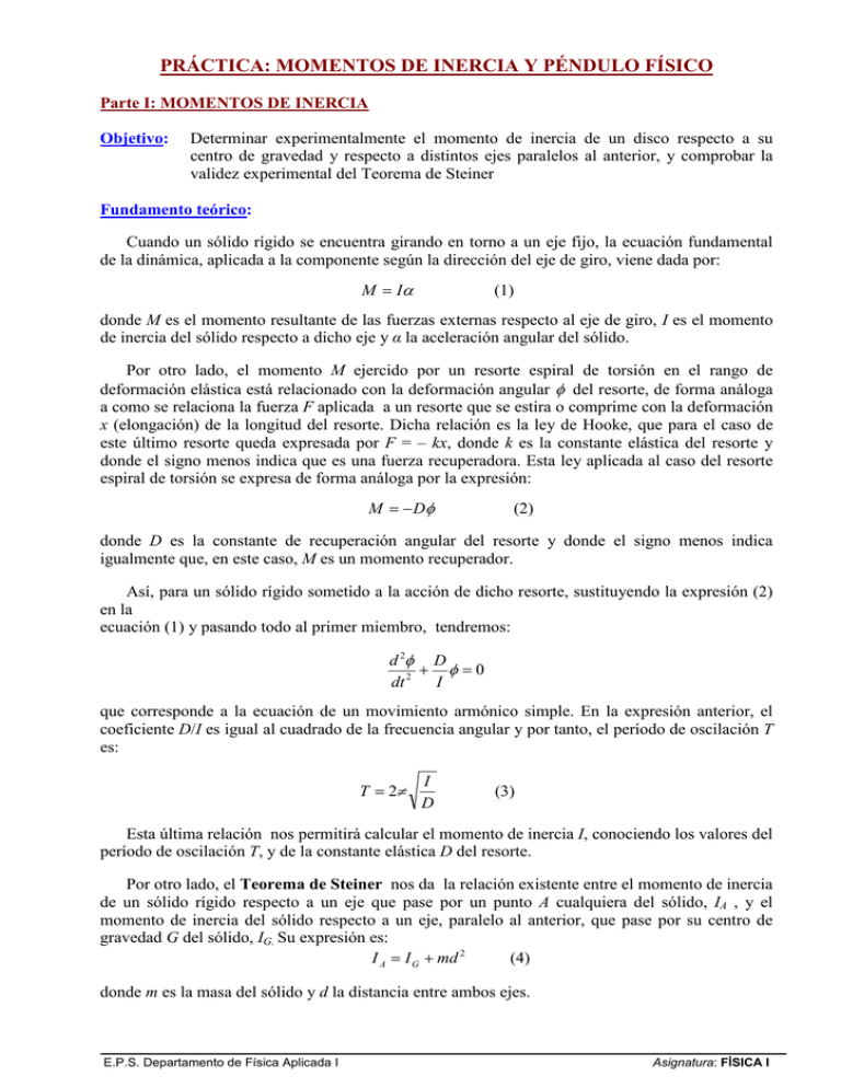 PRÁCTICA: MOMENTOS DE INERCIA Y PÉNDULO FÍSICO