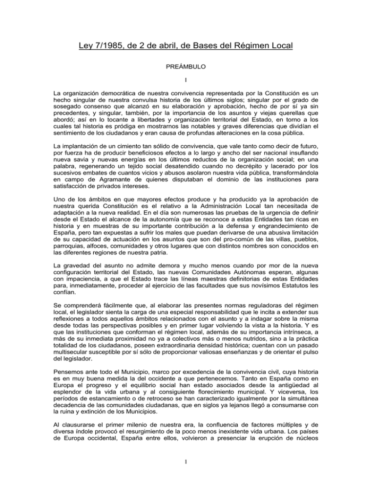 Ley 7/1985, de 2 de abril, de Bases del Régimen Local