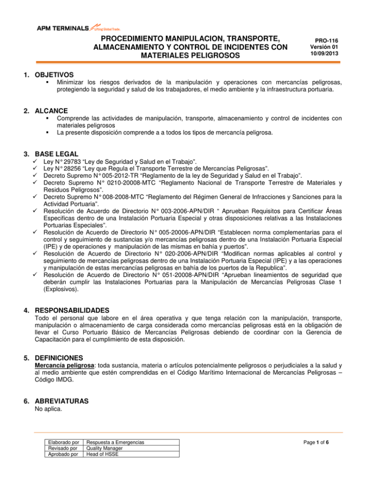 procedimiento manipulacion, transporte