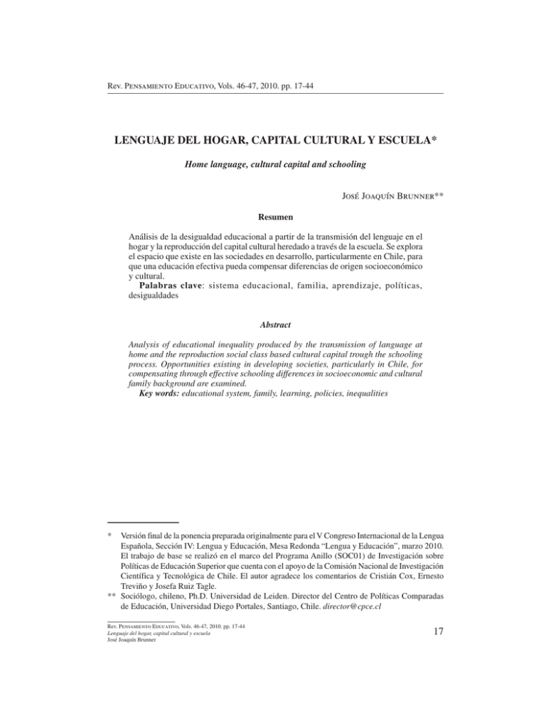 Lenguaje del hogar, capital cultural y escuela