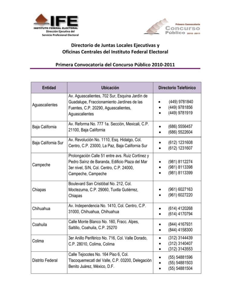 Directorio de Juntas Locales Ejecutivas y Oficinas Centrales
