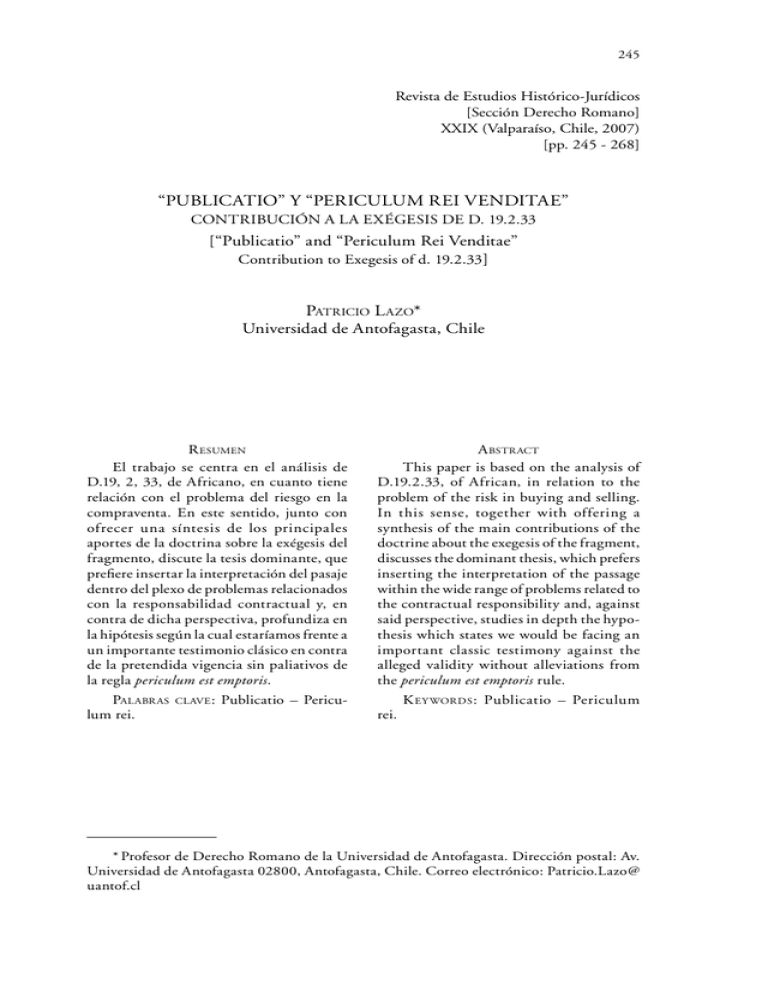 “PUbLiCAtio” y “PeRiCULUm Rei venDitAe”