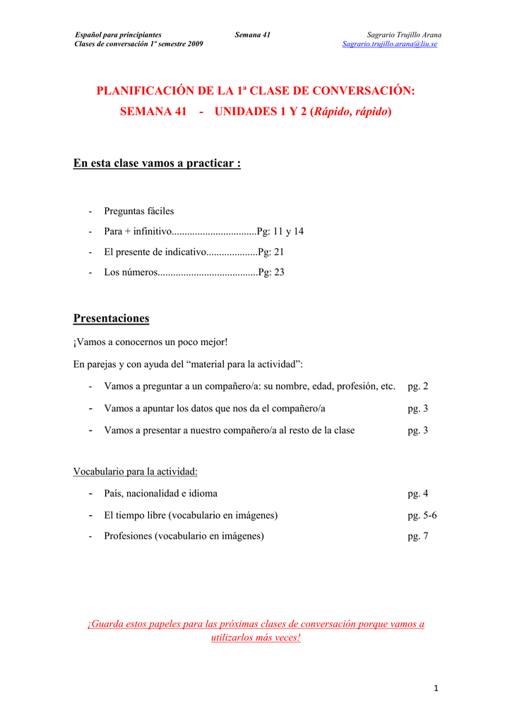 PLANIFICACIÓN DE LA 1ª CLASE DE CONVERSACIÓN: