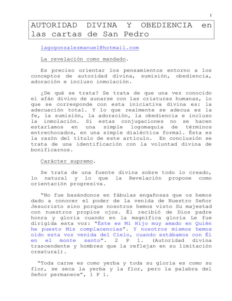 AUTORIDAD DIVINA Y OBEDIENCIA en las