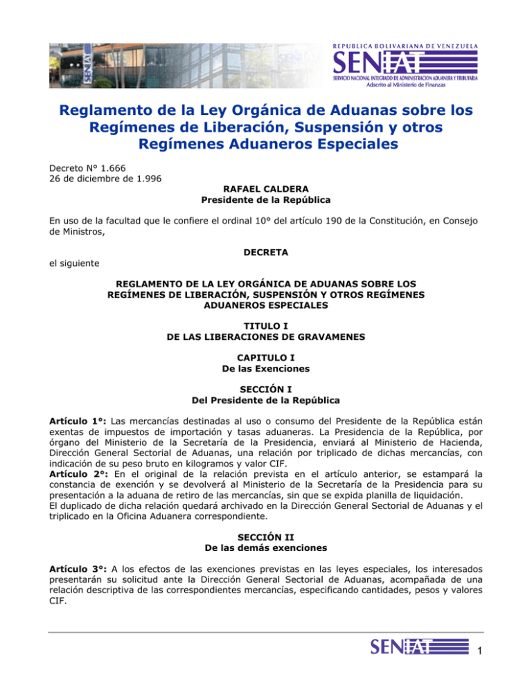 Reglamento de la Ley Orgánica de Aduanas sobre los Regímenes