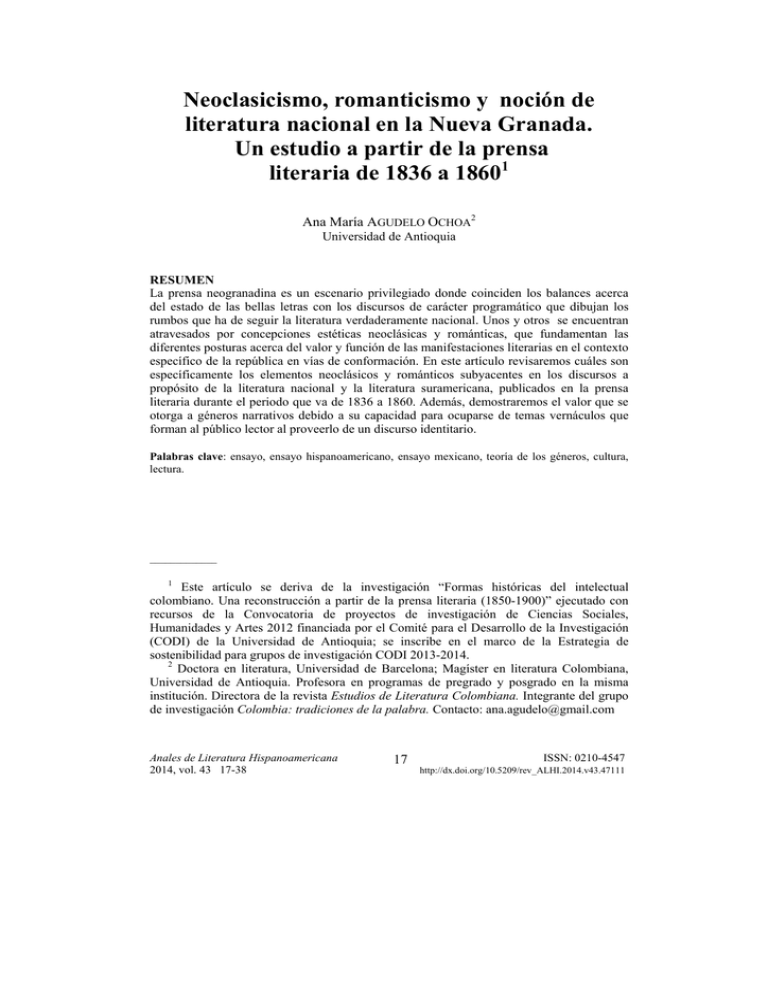 Neoclasicismo, romanticismo y noción de literatura nacional en la