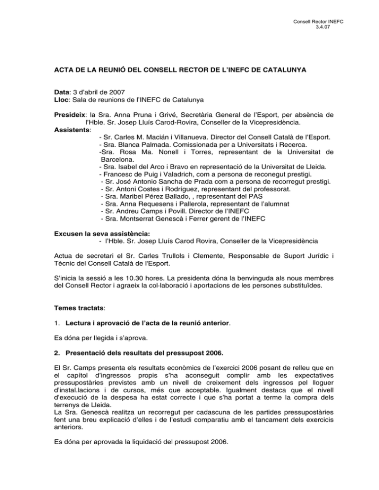 ACTA DE LA REUNIÓ DEL CONSELL RECTOR DE L`INEFC DE