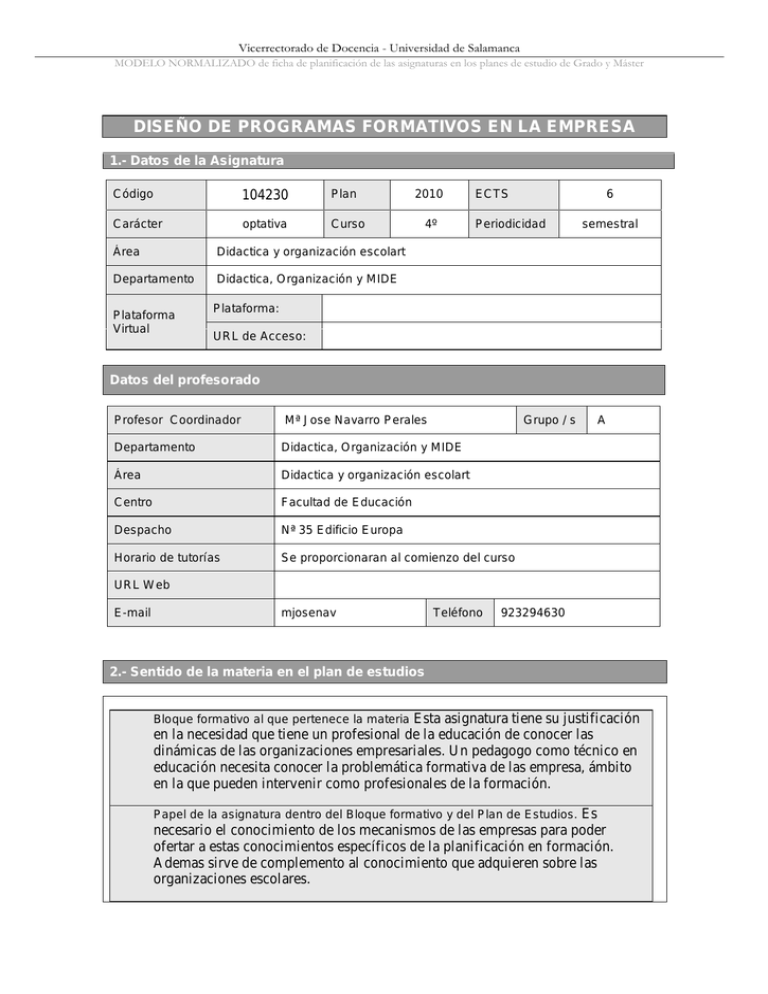 DISEÑO DE PROGRAMAS FORMATIVOS EN LA EMPRESA