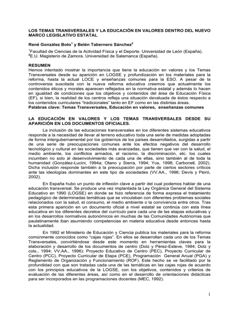 LOS TEMAS TRANSVERSALES Y LA EDUCACIÓN EN VALORES
