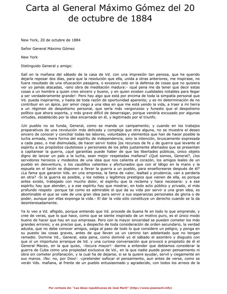 Carta al General Máximo Gómez del 20 de octubre de 1884
