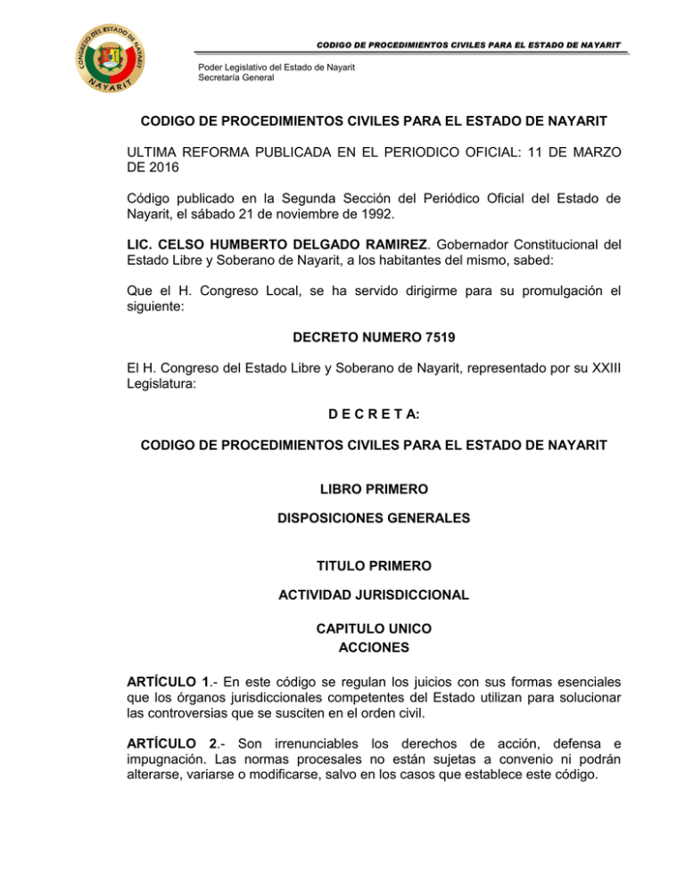 Codigo De Procedimientos Civiles Para El Estado De Nayarit