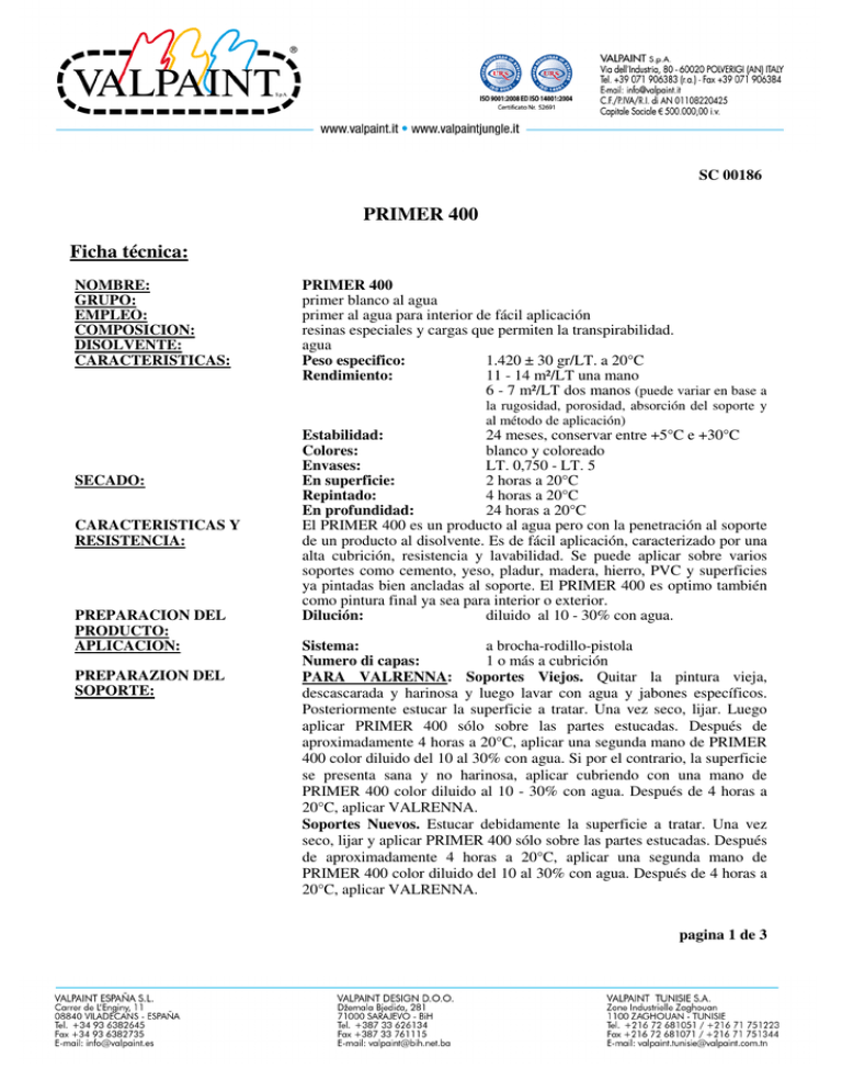 PRIMER 400 Ficha técnica