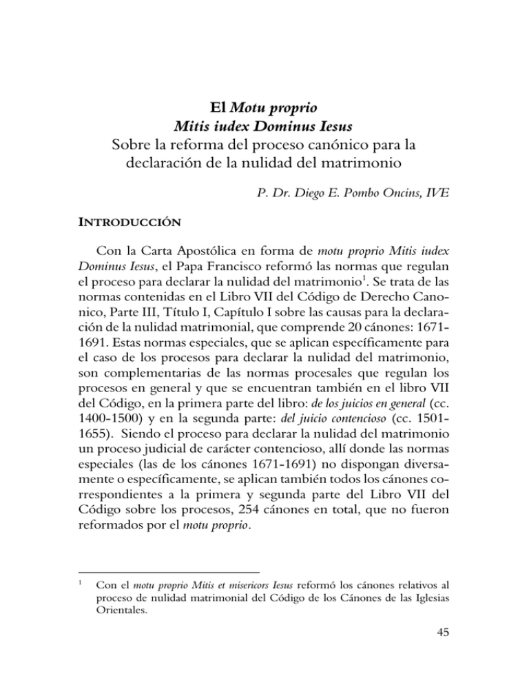 El Motu proprio Mitis iudex Dominus Iesus