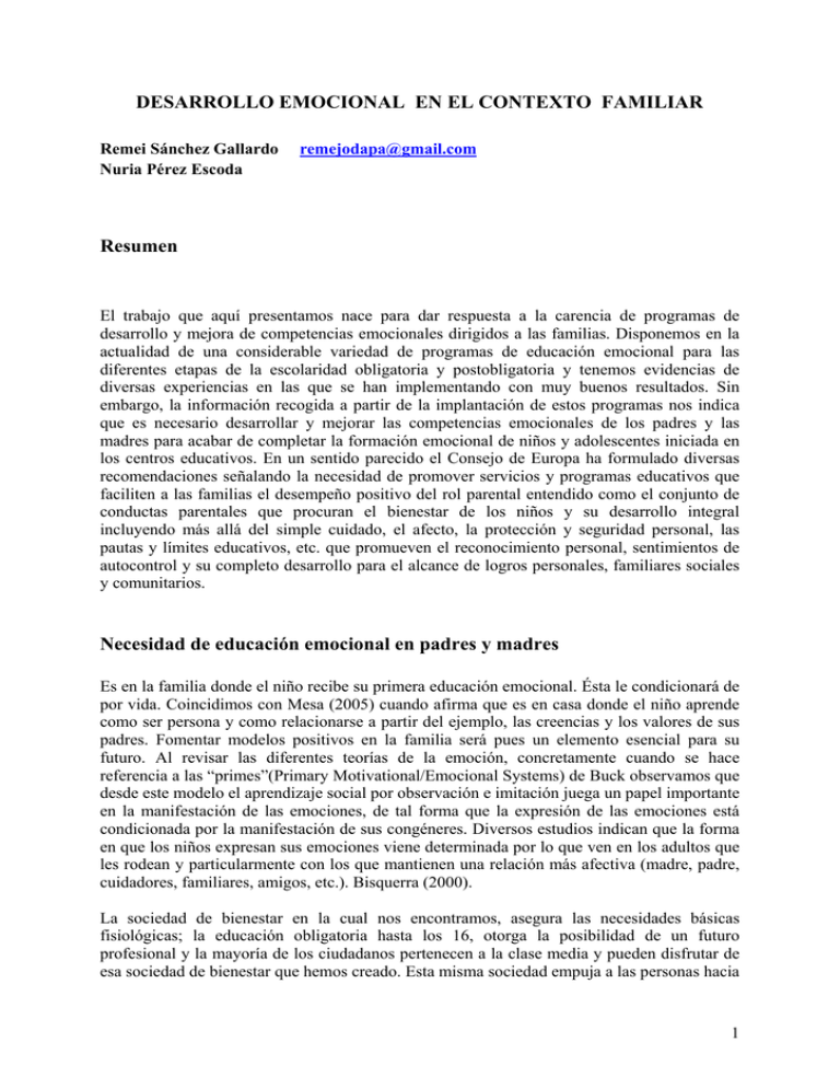 DESARROLLO EMOCIONAL EN EL CONTEXTO FAMILIAR