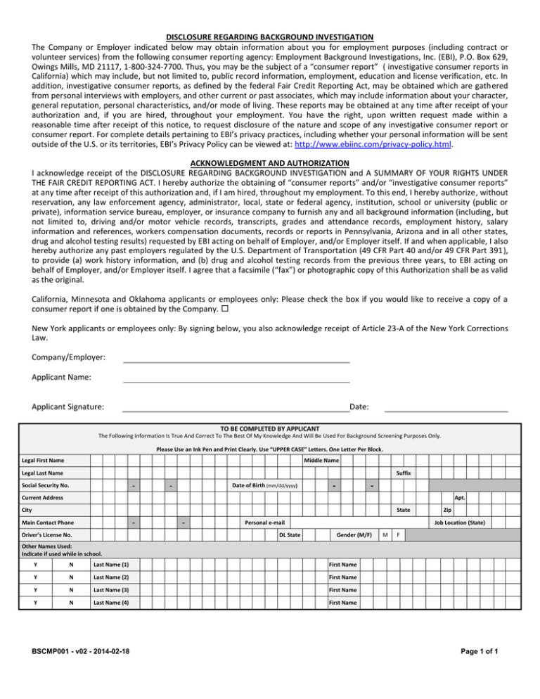 DISCLOSURE REGARDING BACKGROUND INVESTIGATION The