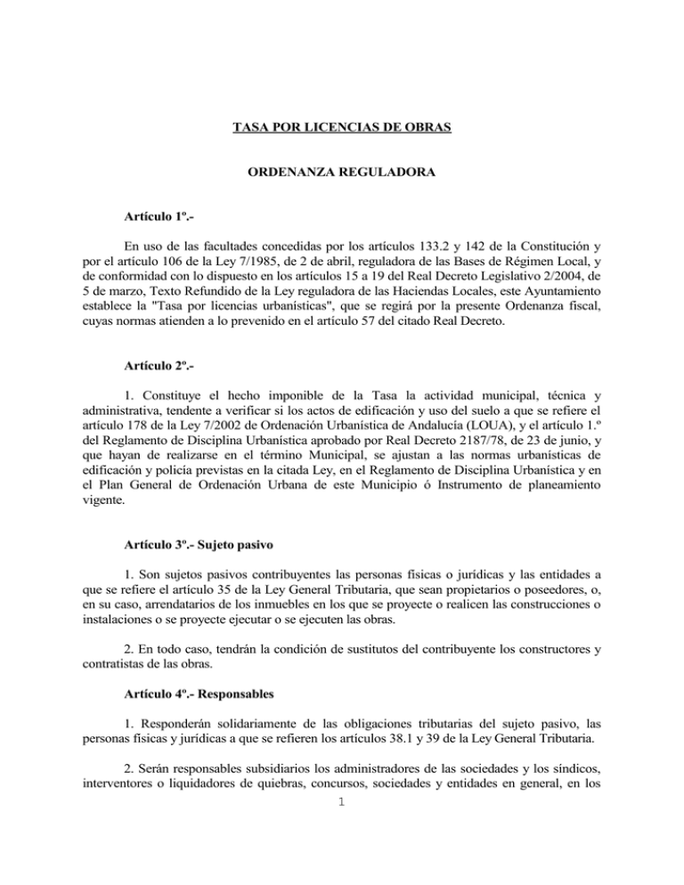 TASA POR LICENCIAS DE OBRAS ORDENANZA REGULADORA