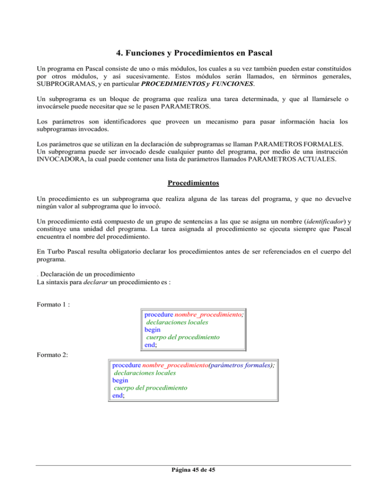 4. Funciones y Procedimientos en Pascal