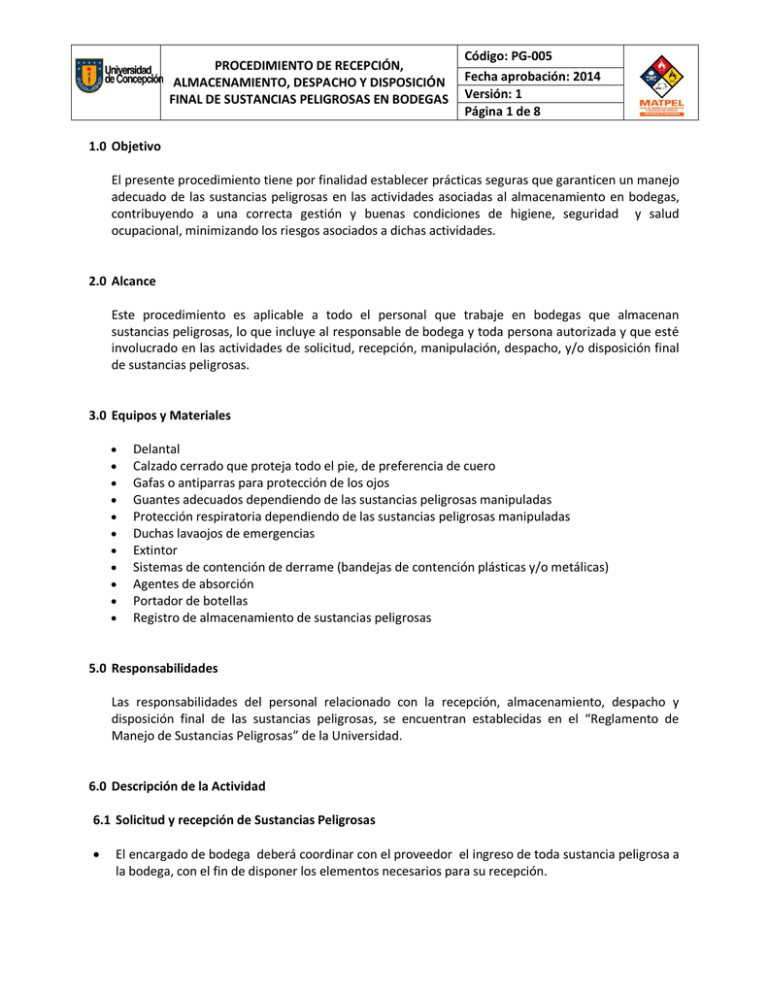 PROCEDIMIENTO DE RECEPCIÓN, ALMACENAMIENTO