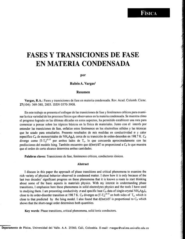 FASES Y TRANSICIONES DE FASE EN MATERIA CONDENSADA