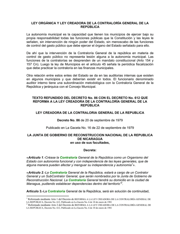 LEY ORGÁNICA Y LEY CREADORA DE LA CONTRALORÍA