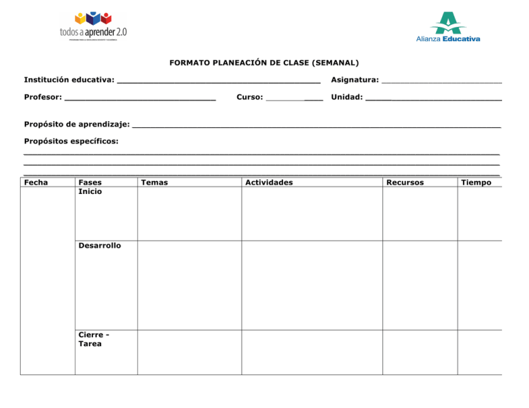 FORMATO PLANEACIÓN DE CLASE (SEMANAL)