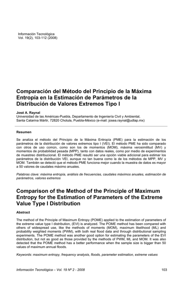 Comparación del Método del Principio de la Máxima Entropía en la