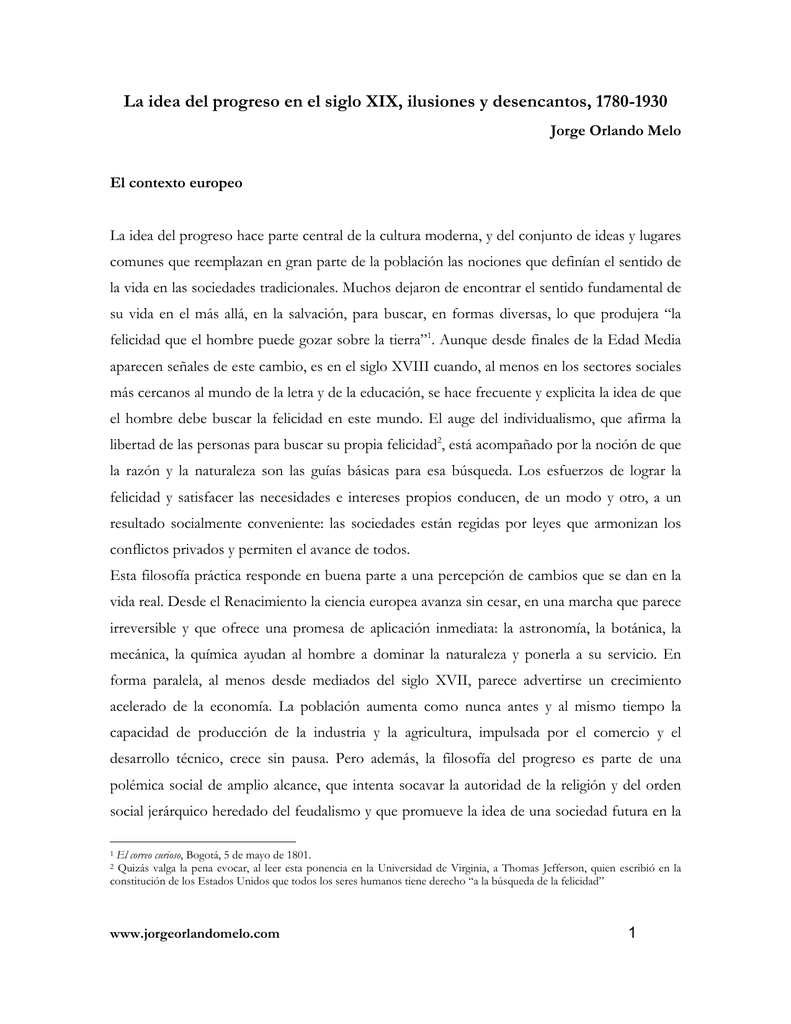 La idea del progreso en el siglo XIX, ilusiones y desencantos, 1780