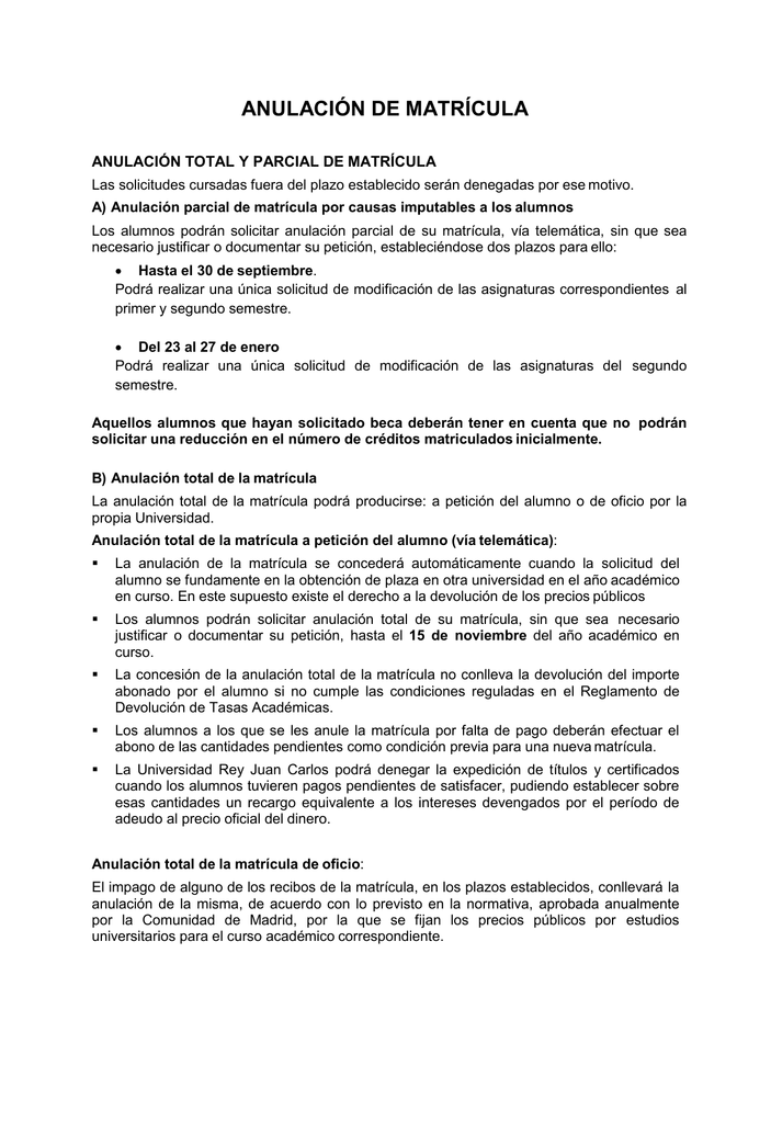 Anulación de Matrícula - Universidad Rey Juan Carlos