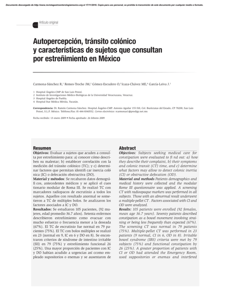 Autopercepción, tránsito colónico y características de sujetos que