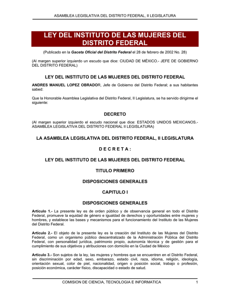Ley Del Instituto De Las Mujeres Del Distrito Federal