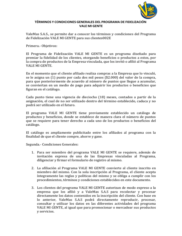 TÉRMINOS Y CONDICIONES GENERALES DEL PROGRAMA DE