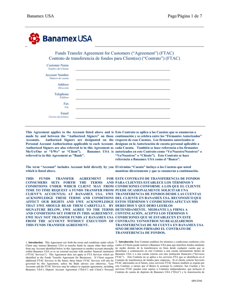 Banamex USA Page/Página 1 de 7 Funds Transfer Agreement for
